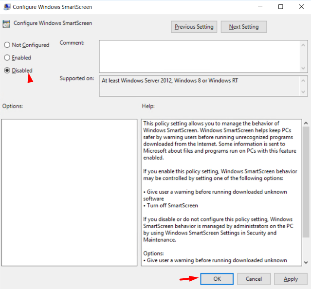 How to disable SmartScreen on Windows 2012 & 2016?