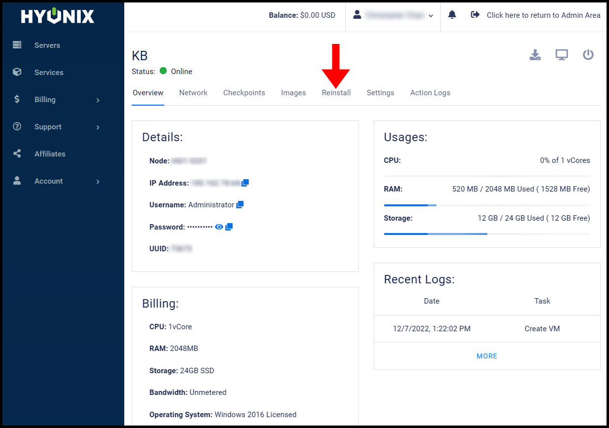 How to re-install the Windows VPS in Hyonix Portal